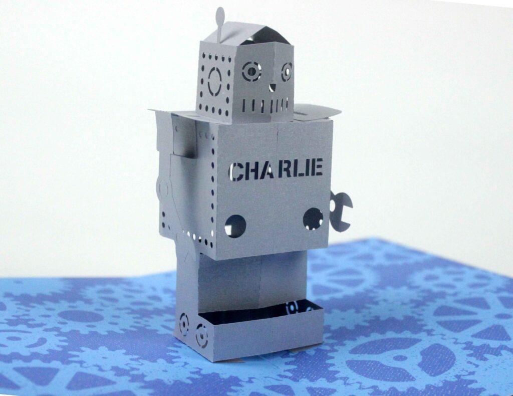 Robot Pop Up Card Personalised Silver and Blue – planetpopup